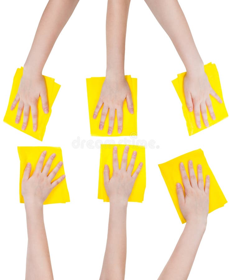 Set of Hands with Yellow Fabric Rags Isolated Stock Photo - Image of ...
