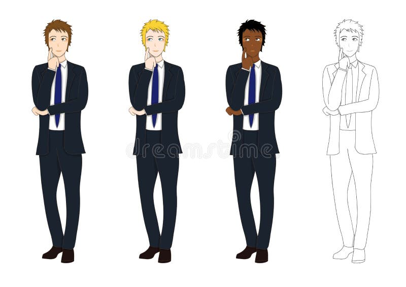 Set Handsome Business Man Thinking To Make Decision. Full Body Vector ...