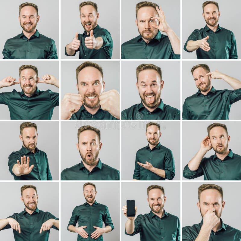 Set of Handsome Man with Different Emotions and Gestures Stock Photo ...