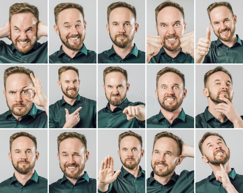 Set of Young Man`s Portraits with Different Emotions Stock Image ...