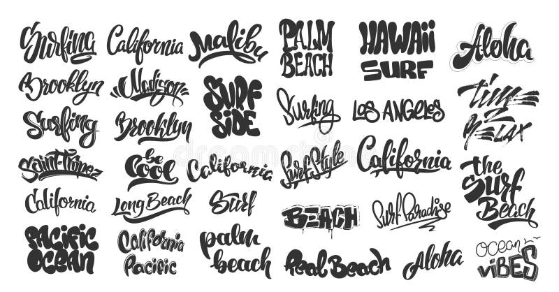 Set of Handwritten City Names and Surf Lettering. Emblem and Badges ...