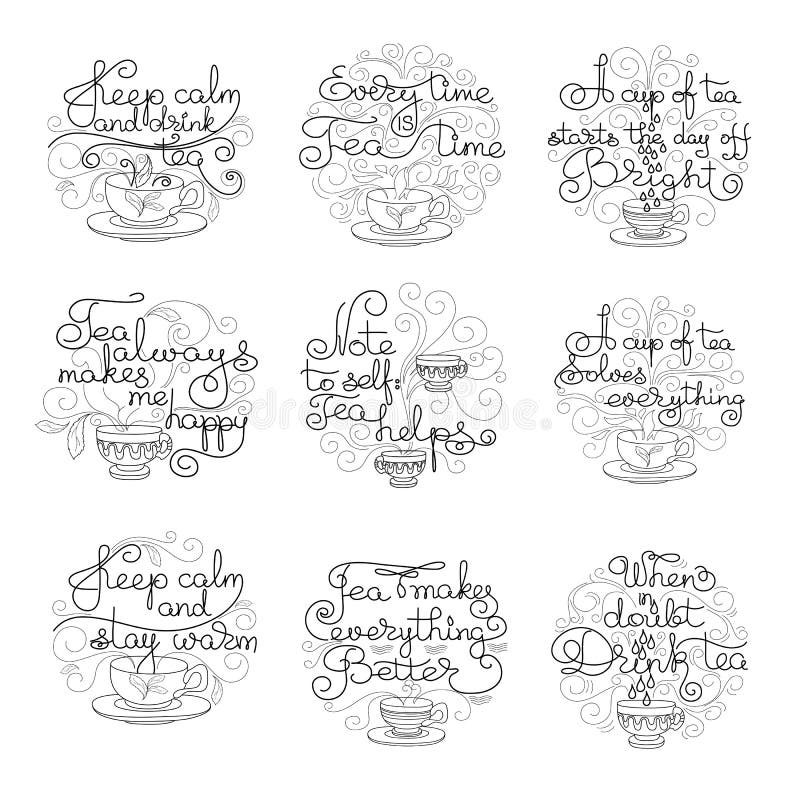 Lettering Tea Typography Set. Calligraphy Hand Written Quotes. Stock ...