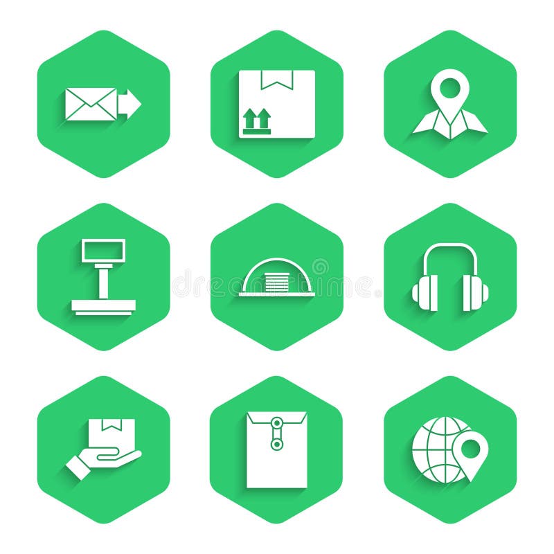 Set Hangar, Envelope, Location on the Globe, Headphones, Delivery Hand ...