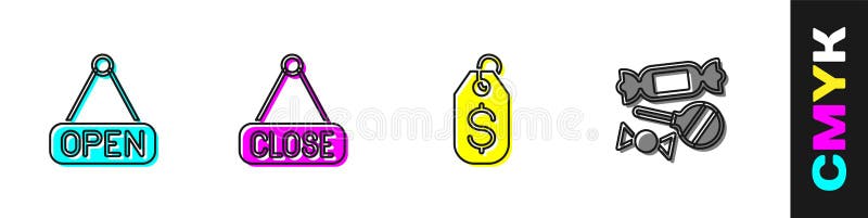 Set Hanging Sign with Open, Closed, Price Tag Dollar and Candy Icon ...