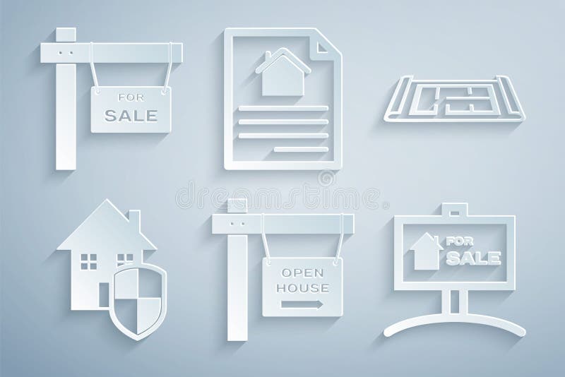 Set Hanging Sign with Open House, House Plan, Under Protection, for ...