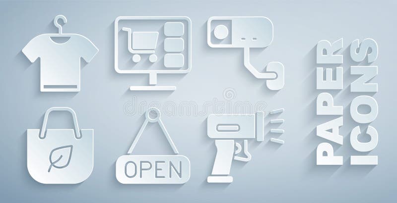 Set Hanging Sign with Open, Security Camera, Shopping Bag Recycle ...