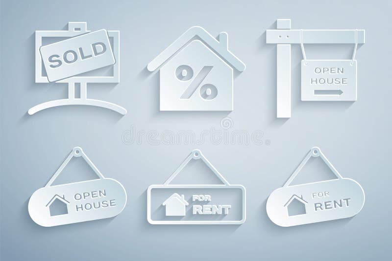 Set Hanging Sign with for Rent, Open House, House Percant and Sold Icon ...