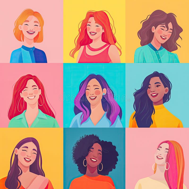 Set of happy cartoon women stock illustration. Illustration of young ...