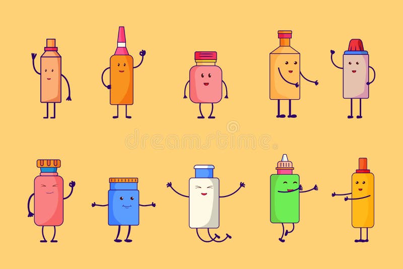 Set of Happy Cute Bottle Characters Stock Vector - Illustration of ...