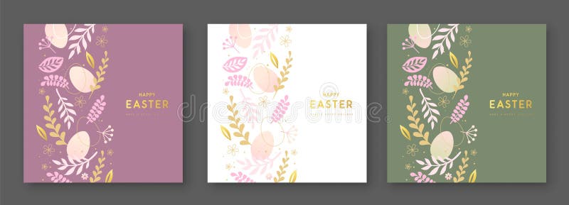 Set of Happy Easter Greeting Cards with Easter Eggs and Floral ...
