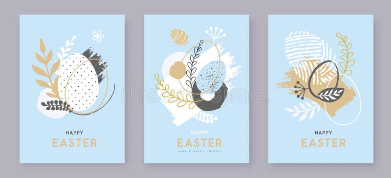 Set of Happy Easter Greeting Cards with Easter Eggs and Floral ...