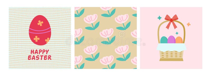 Set of Happy Easter Vector Cards with Easter Eggs Spring Flowers and Easter Basket Stock ...