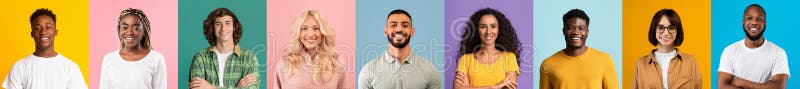 Set with Happy Faces of Multicultural People Posing Over Colorful ... Set with Happy Faces of Multicultural People Posing Over Colorful ...