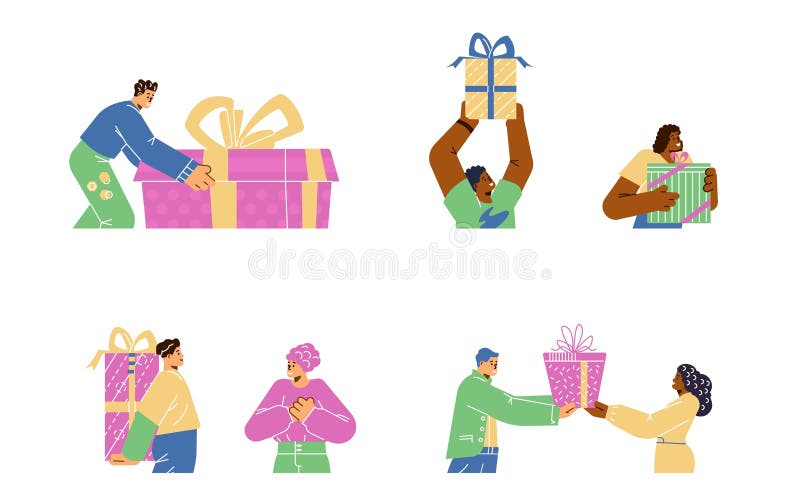 Set of Happy People with Big Gift Boxes Flat Style, Vector Illustration ...