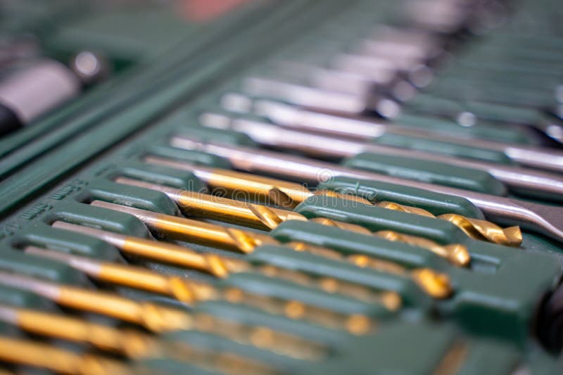 Set of Hardened Steel Metal Drill Bits in Tool Box Stock Image - Image ...