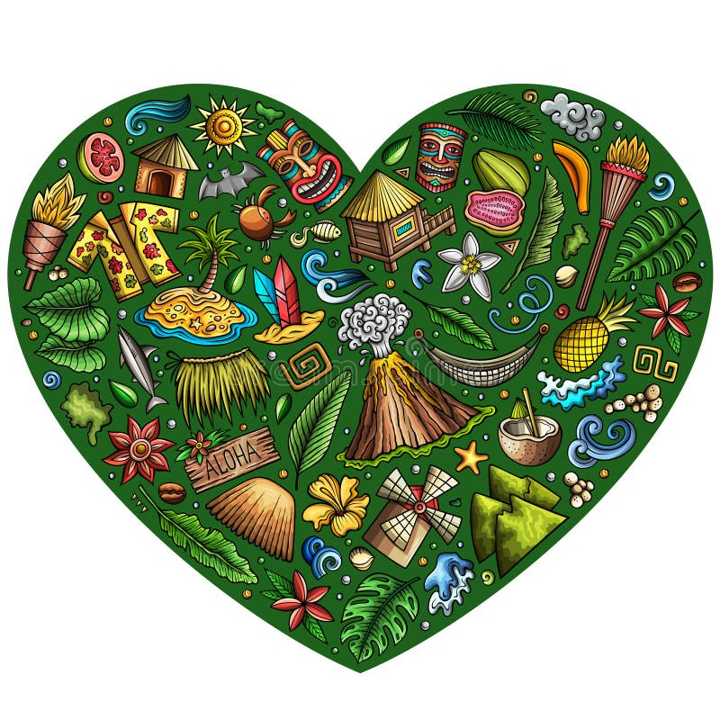 Set of Hawaii Cartoon Doodle Objects. Heart Form Composition Stock ...