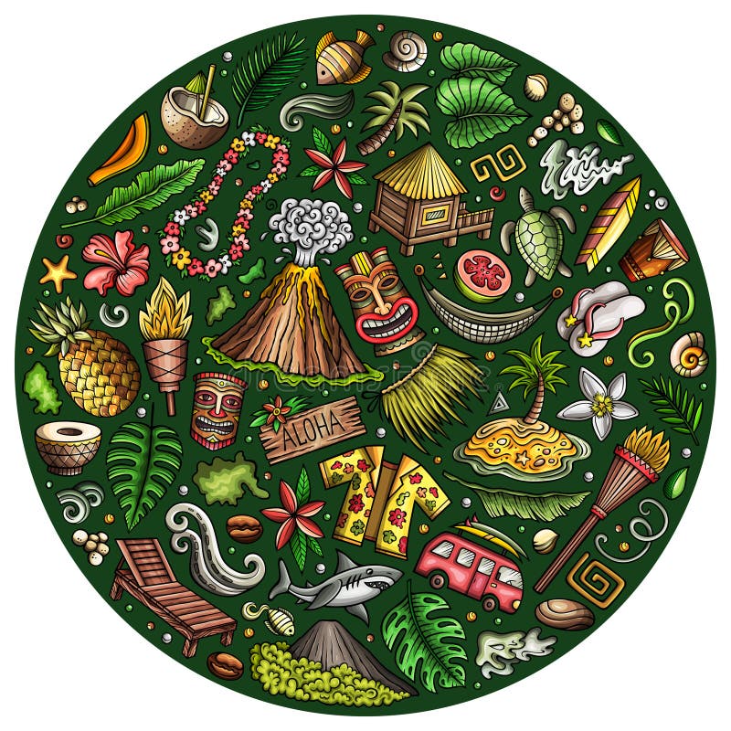 Set of Hawaii Cartoon Doodle Objects. Round Composition Stock Vector ...