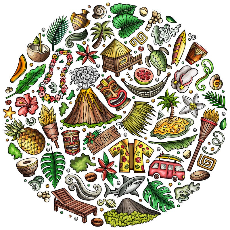 Set of Hawaii Cartoon Doodle Objects. Round Composition Stock Vector ...