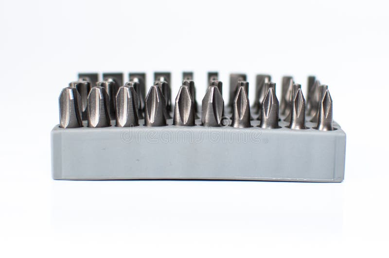 Set of Heads for Screwdriver in Grey Box Isolated on White Background ...