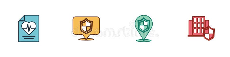 Set Health Insurance, Location Shield, and House with Icon. Vector ...