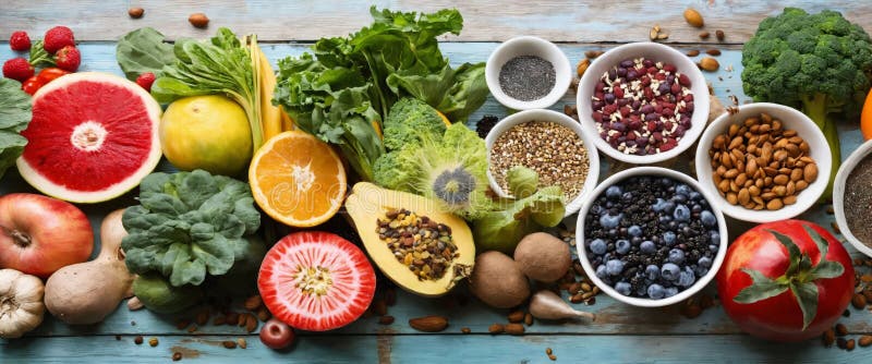 Set of Healthy Food on Wooden Table. Balanced Diet for Weight Loss ...