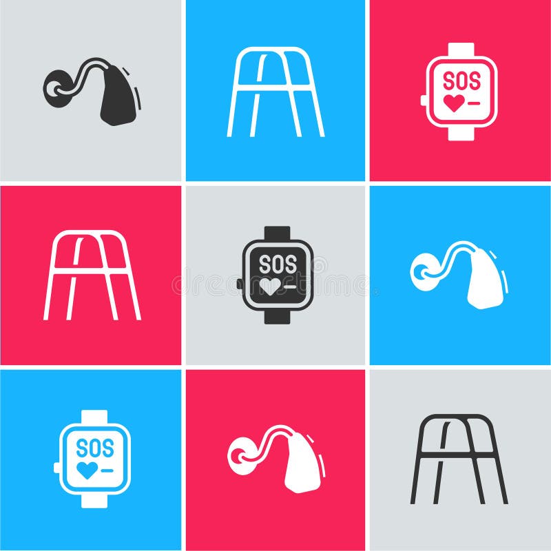 Set Hearing Aid, Walker and Smart Watch Icon. Vector Stock Vector ...