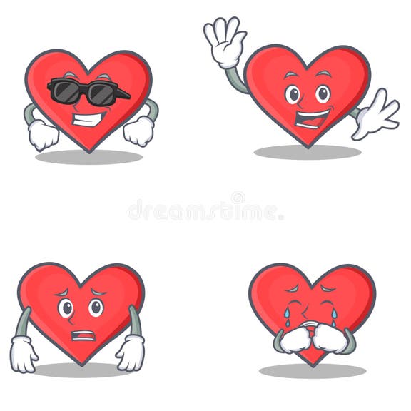 Set of Heart Character with Cool Waving Afraid Crying Stock Vector ...