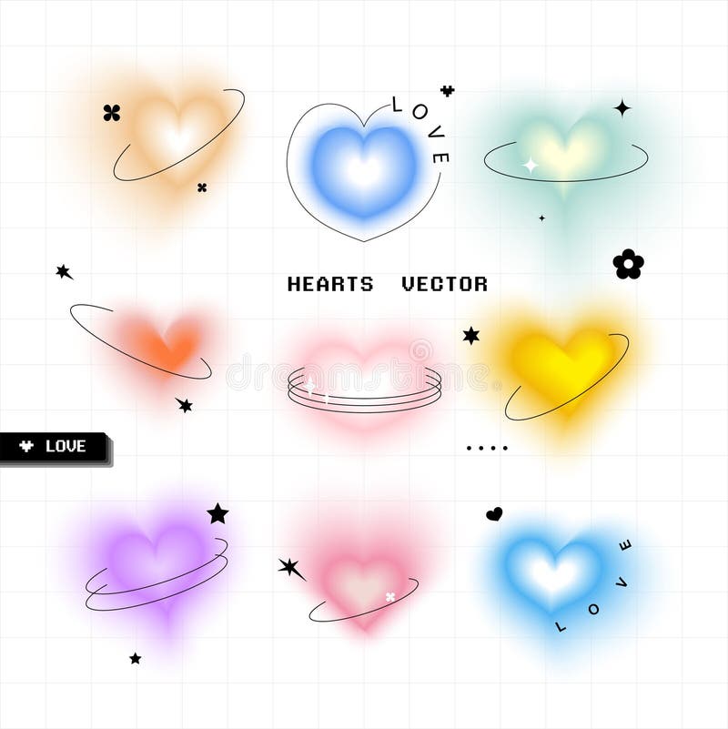 Set of Heart Gradient Blur Decorated with Line and Sparkle. Y2k Style ...