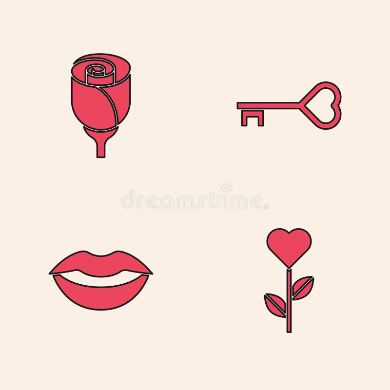 Set Heart Shape in Flower, Flower Rose, Key Heart and Smiling Lips Icon ...