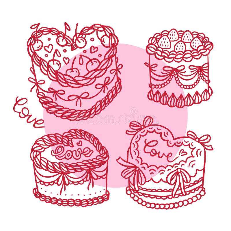 Set of Heart Shaped Cakes with Cherries and Bows. Coquette Hand Drawn ...