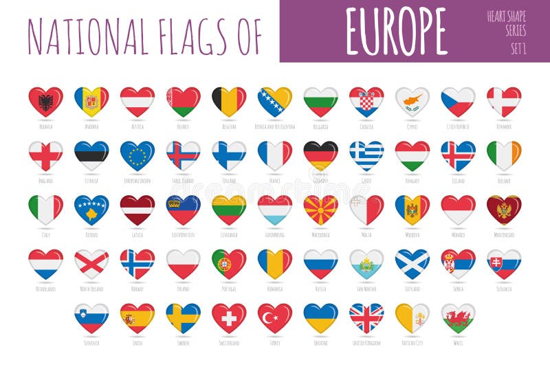 Set of 56 Flags of Europe Isolated on White Background and Map of ... Set of 56 Flags of Europe Isolated on White Background and Map of ...