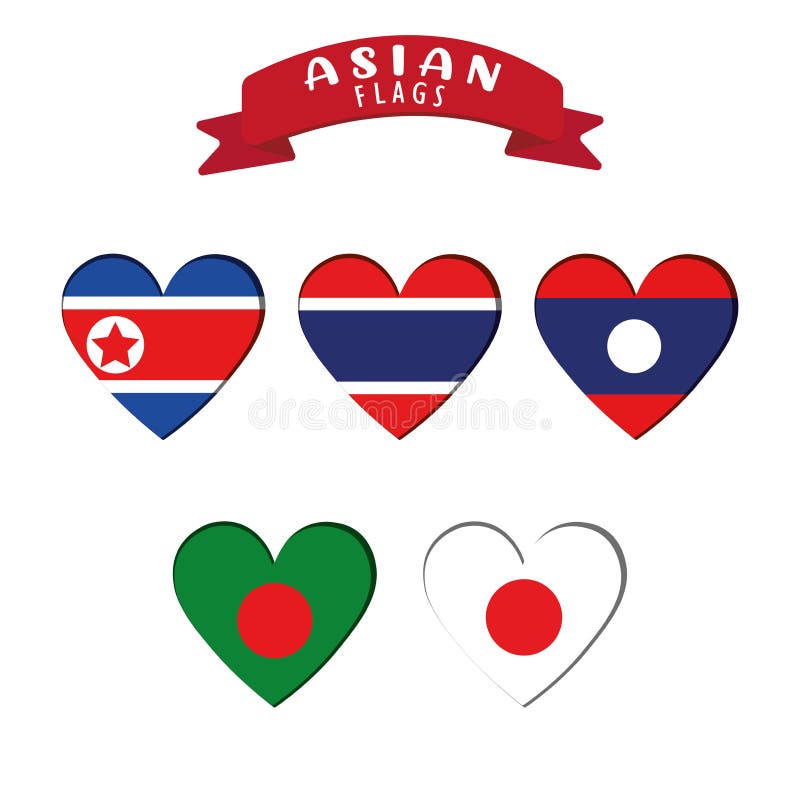 Set of Heart Shapes with Different Asian Flags Vector Stock ...
