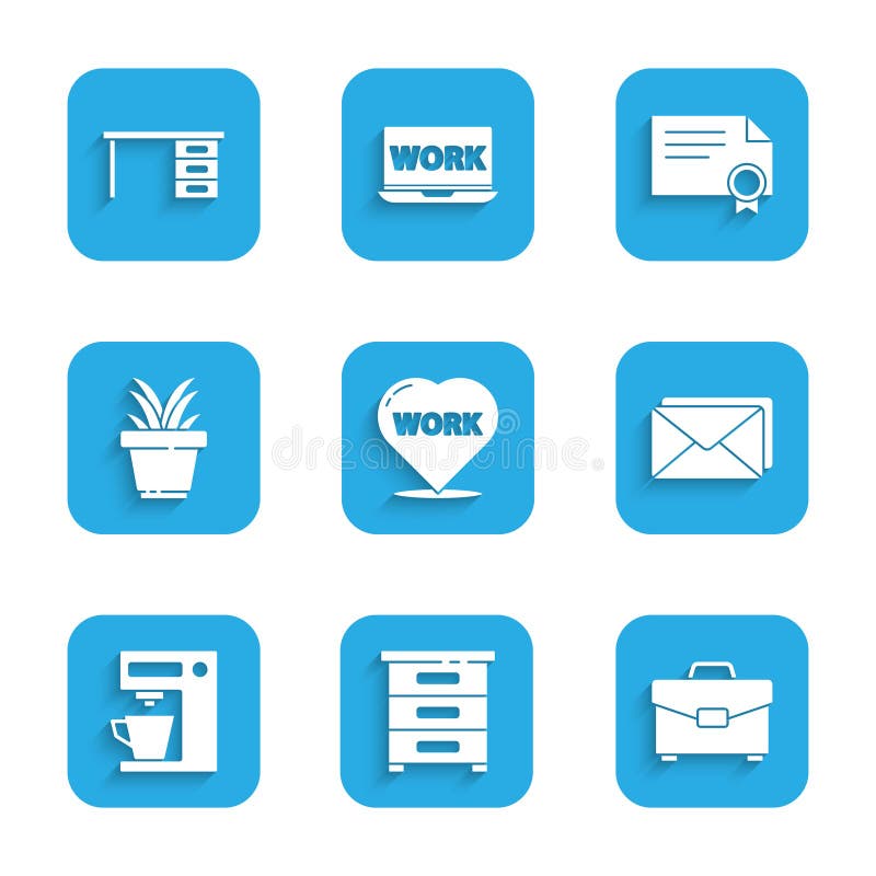 Set Heart with Text Work, Drawer Documents, Briefcase, Envelope, Coffee ...