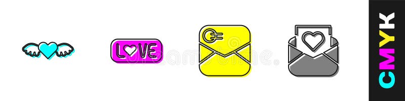 Set Heart with Wings, Love Text, Envelope Valentine Heart and Icon ... Set Heart with Wings, Love Text, Envelope Valentine Heart and Icon ...