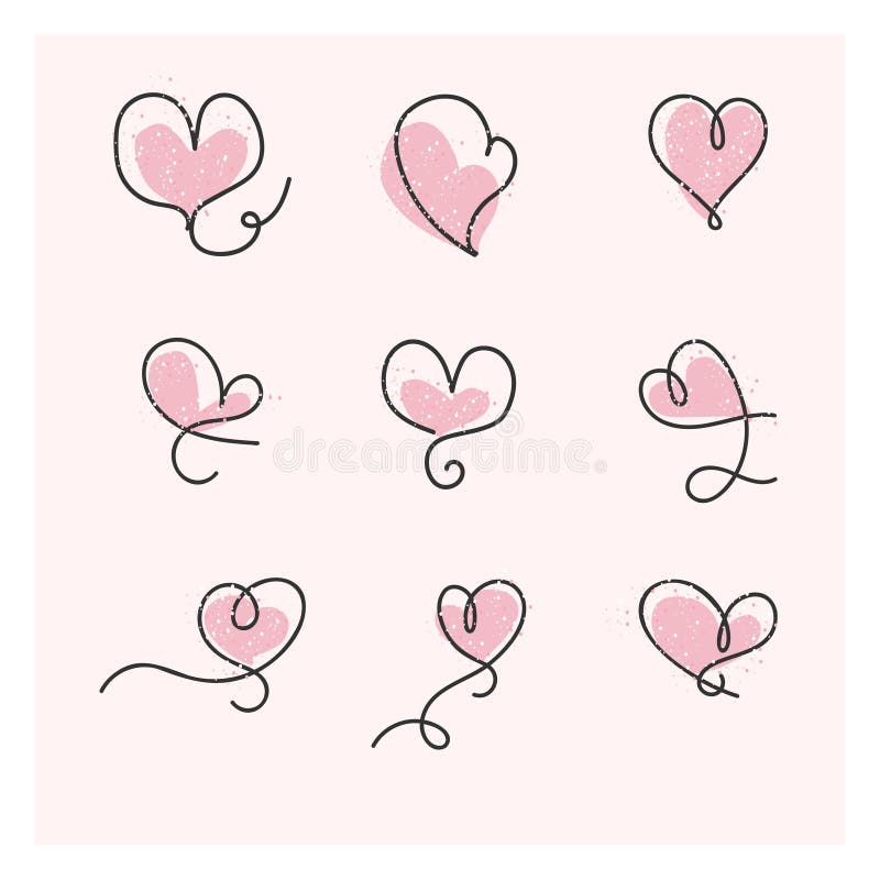 Set of Hearts Line Drawing in Cute Style. Heart Vector Stock Vector ...