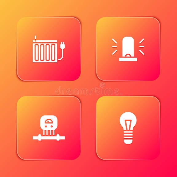 Set Heating Radiator, Flasher Siren, Smart Sensor and Light Bulb Icon ...