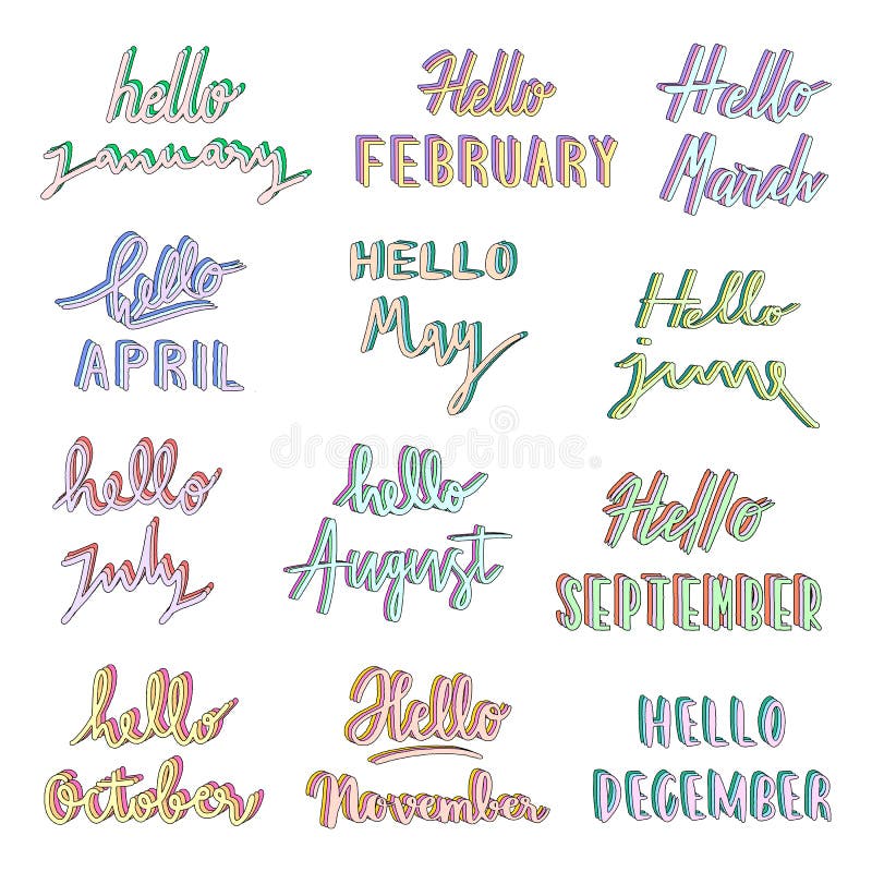 Set of Hello Months of the Year with Rainbow Patterns Stock ...