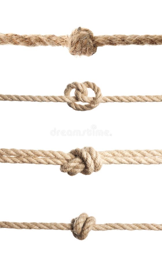 Set of Hemp Ropes with Knots on Background Stock Image - Image of ...