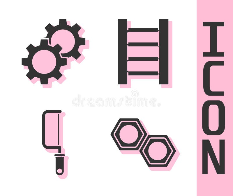 Set Hexagonal Metal Nut, Gear, Hacksaw and Wooden Staircase Icon ...