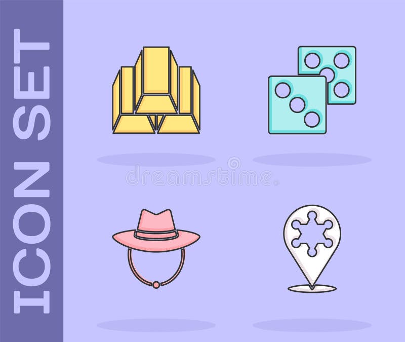 Set Hexagram Sheriff, Gold Bars, Western Cowboy Hat and Game Dice Icon ...