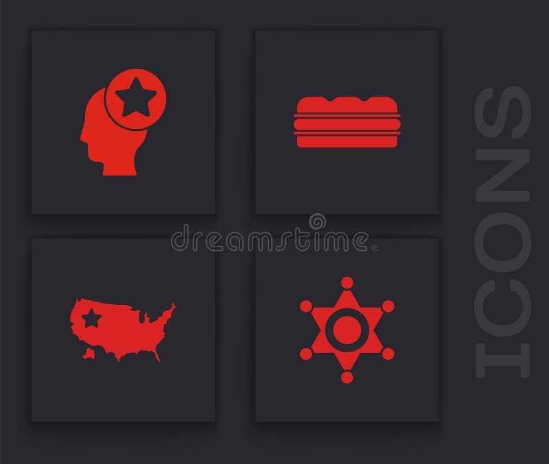 Set Hexagram Sheriff, USA Head, Sandwich and Map Icon. Vector Stock ...