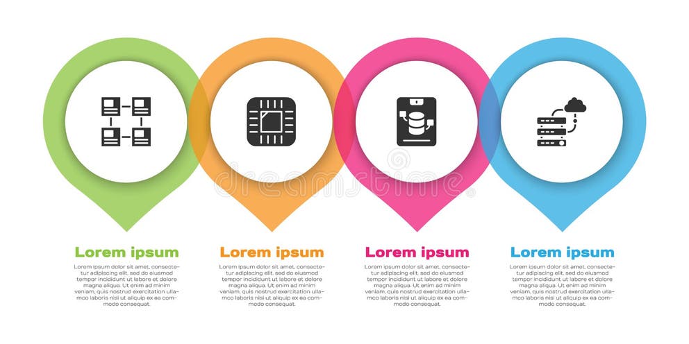 Set Hierarchy Organogram Chart, Processor with CPU, Server, Data, Web Hosting and Network Cloud ...