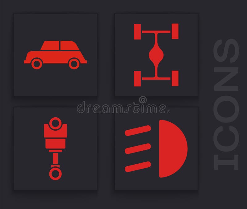 Set High Beam, Car, Chassis Car and Engine Piston Icon. Vector Stock ...