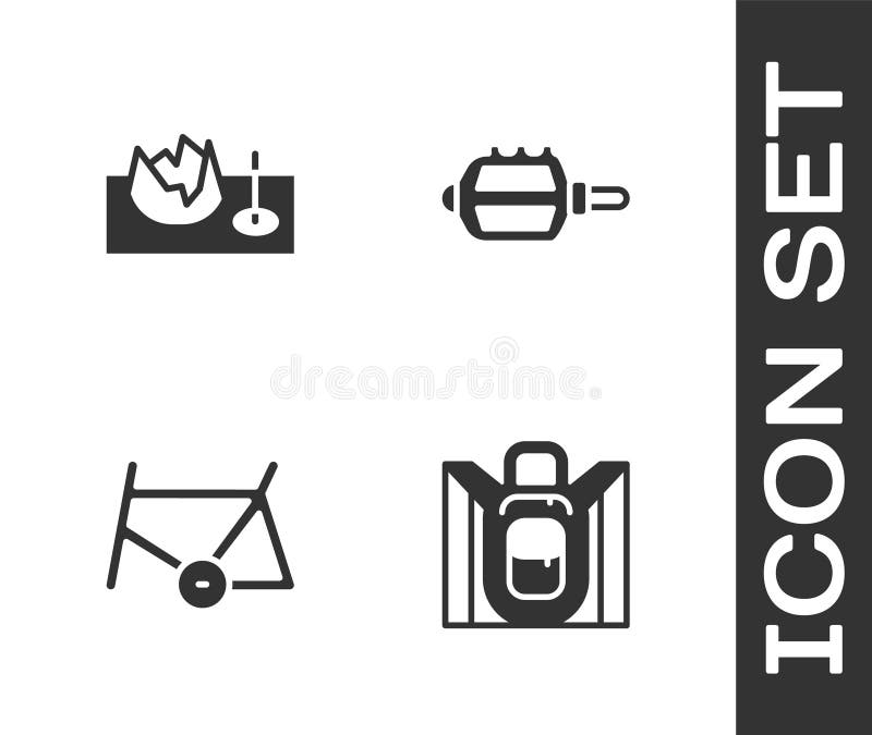 Set Hiking Backpack, Bicycle on Street Ramp, Frame and Pedal Icon ...