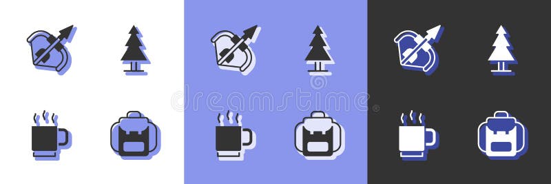 Set Hiking Backpack, Medieval Bow and Arrow, Coffee Cup and Tree Icon ...