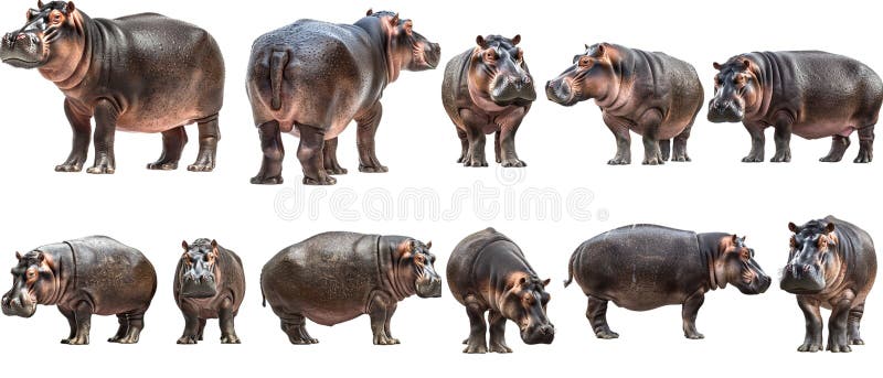 Set of Hippopotamus with Front Side and Back Views Isolated Stock ...