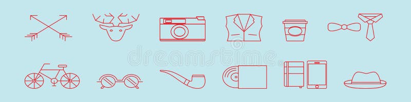 Set of Hipster Thin Line Cartoon Icon Design Template with Various ...