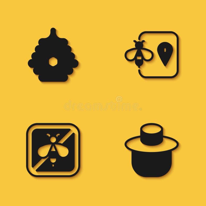 Set Hive for Bees, Beekeeper with Protect Hat, Stop and Location Icon ...