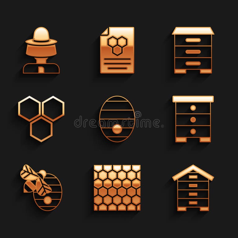 Set Hive for Bees, Honeycomb, and Beekeeper with Protect Hat Icon ...