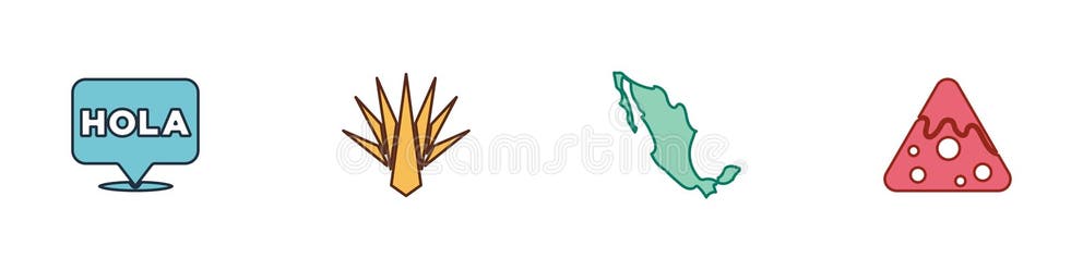 Set Hola, Agave, Map of Mexican and Nachos Icon. Vector Stock ...